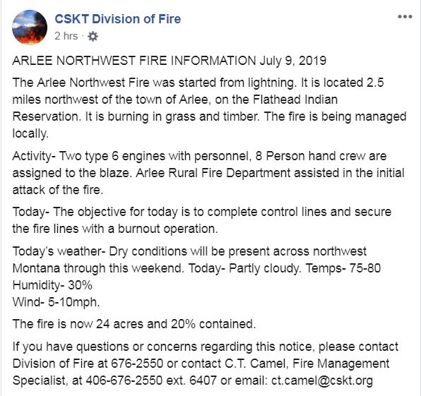 Arlee fire burning over 20 acres